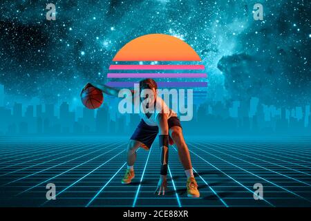 Basketball man. Beautiful background, synth wave and retro wave ...