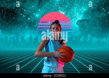 Basketball girl. Beautiful background, synth wave and retro wave ...