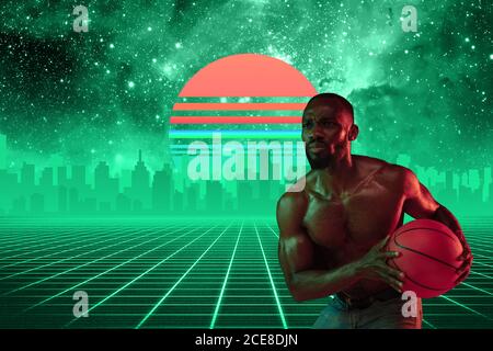 Basketball man. Beautiful background, synth wave and retro wave ...