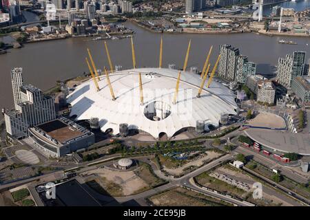 Aerial View of London Featuring the O2 Arena and Canary Wharf Skyline ...