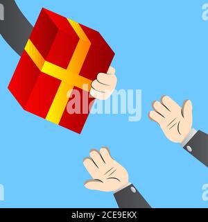 Gifting cartoon illustration. Giving gift box to another pair of hands ...