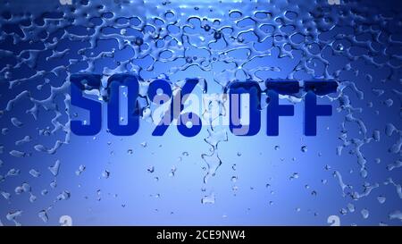 The word 50 off. Material blue and transparent ice covered by crystal ...