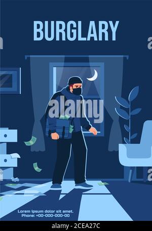 Burglary insurance poster flat vector template. Bank robbery. Armed ...