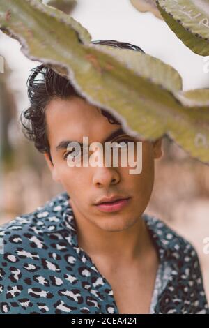 Handsome young man in stylish green t-shirt on yellow background, back ...