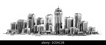 hand drawn architectural sketch of a modern city with high buildings ...