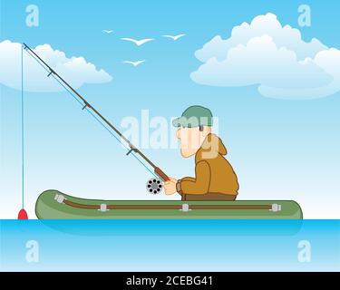 Man fishing in the boat on lake. Sea fishing rod. Hand drawn. Stickman ...