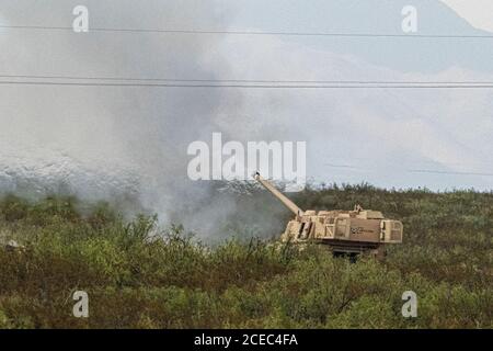 Military concept. There is a missile system on the Russian flag ...