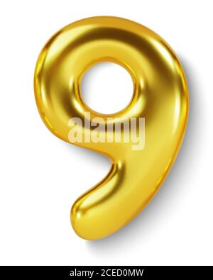 3d Number 9. nine Number sign gold color Isolated on white background ...