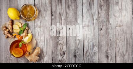 banner of Ginger root lemon mint and honey ingredients for natural hot ...