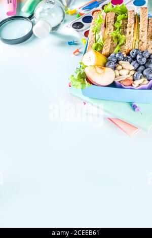 Lunch box with sandwich, vegetables and juice. School or office meal ...