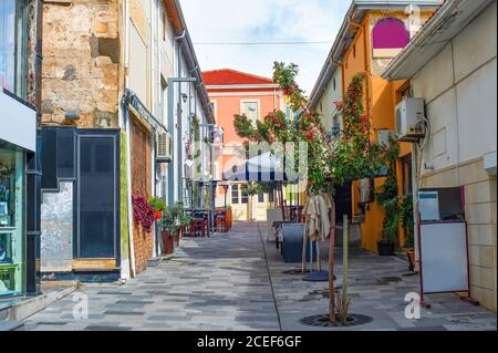 Touristic part of Paphos, street restaurants and souvenir shops, Cyprus ...