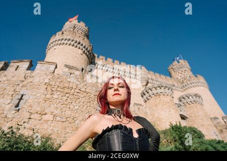 Pretty red haired medieval girl poses together castle Stock Photo - Alamy