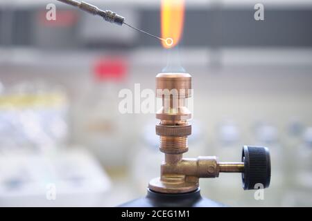 Bunsen Burner flame test in the science laboratory. Flaming a tube in ...