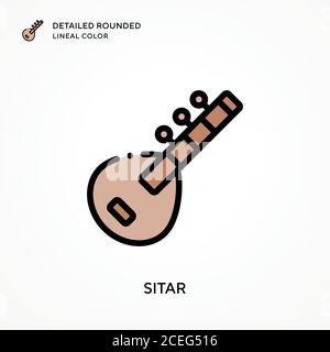 Indian sitar musical instrument color sketch icon. Vector isolated vina ...