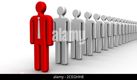 One of many. Symbols of people lined up in a order and one red. 3D ...