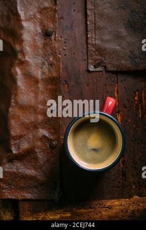 Cup of coffee on rustic wooden background. Top view. Copy space Stock ...