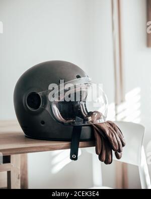 A closeup shot of a black safety helmet on a motorbike Stock Photo - Alamy
