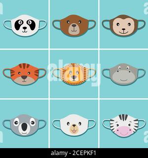 Medical mask with animals faces. Tiger, pig and zebra, bear and rabbit ...