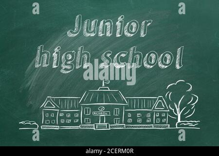 School building and lettering Intermediate school on blackboard. Hand ...