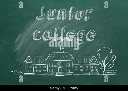 School building and lettering Junior college on blackboard. Hand drawn ...