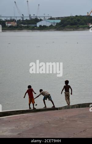Kolkata, India. 02nd Sep, 2020. Children are playing dangerously at ...