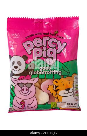 Marks & Spencer percy pig goes globetrotting sweets isolated on white background made with real ...
