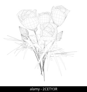 Wireframe with roses from black lines on a white background. View from ...