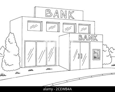 Bank building exterior graphic black white sketch illustration vector ...