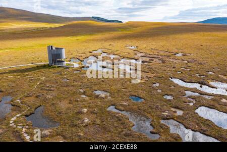 Aerial view of the RSPB Forsinard Flows Nature Reserve and viewing ...