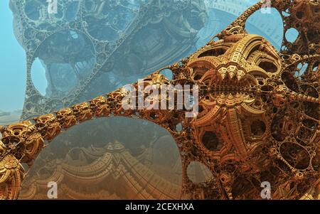 Abstract background, fantastic 3D gold structures, render illustration ...