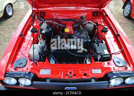 A engine of a 1984 Ford Capri parked on display at the English Riviera ...