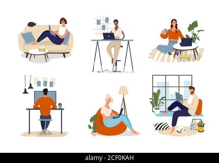 Cartoon flat man woman programmer developers work, coder characters ...