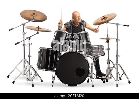 Bald man drummer playing a drum set isolated on white background Stock ...