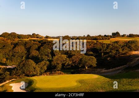 Pleneuf Val Andre Golf course, Bretagne, France, in the background, the ...