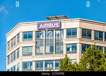 Facade with sign and logo at office of aerospace company Boeing in ...