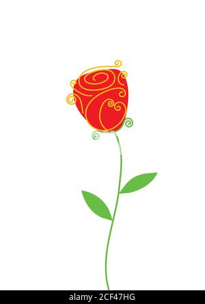 Simple red rose stem with leaves vintage on a white background vector ...