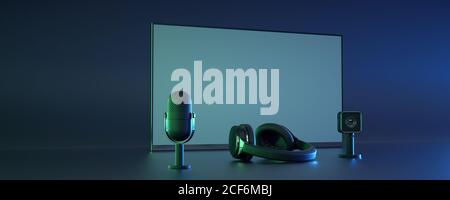 Presentation mockup streamer table with devices Stock Photo - Alamy