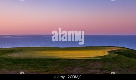 Pleneuf Val Andre Golf course, Bretagne, France, in the background, the ...