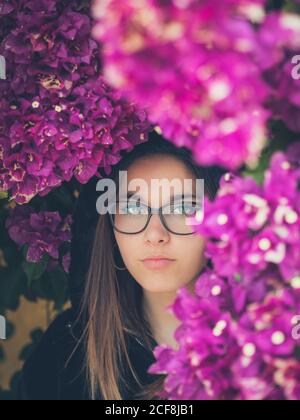 Woman on background of decoration of flowers, Gurzuf, Crimea Stock ...