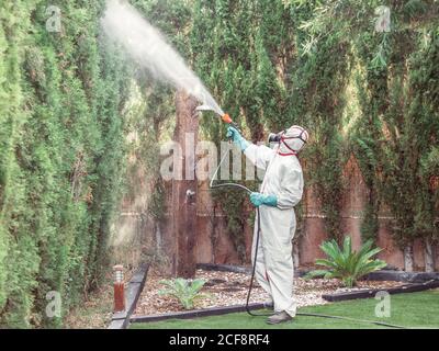 Fumigator in respiratory mask green gloves and white red striped ...