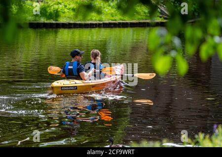 Riga, Latvia- July 3, 2020: kayak trip on the river Daugava and the ...