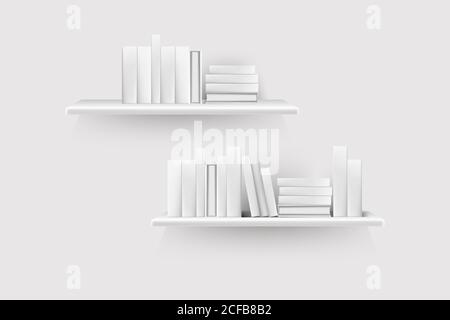 Realistic book volumes with empty spines and pot stand in row at rack ...