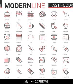 Junk food flat line icons set. Burger, fast snacks, sandwich, french ...