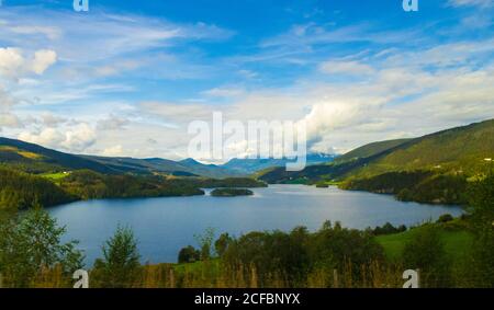 Beautiful summertime scenery,Slidrefjord lake shore seen from E16 ...