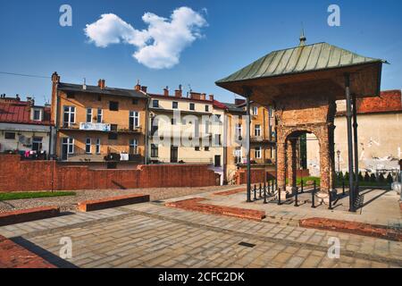 Remnants of the Jewish synagogue, Bima or Bimah. Entrance gate to place ...