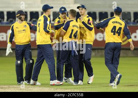Yorkshire celebrate the wicket of Ben Raine of Durham during the ...