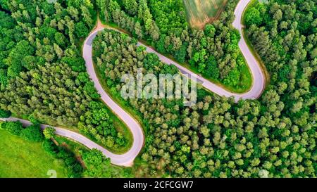 Serpentine road, aerial view, Trassem, Rhineland-Palatinate, Germany ...