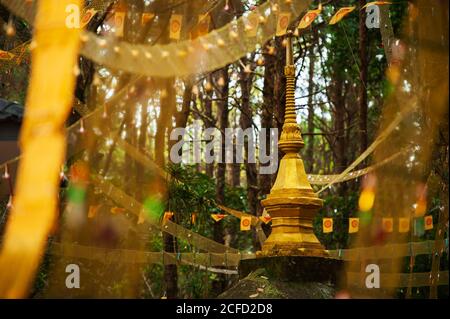 Golden pagoda and Dharmacakra flags in a deep forest, symbol of ...