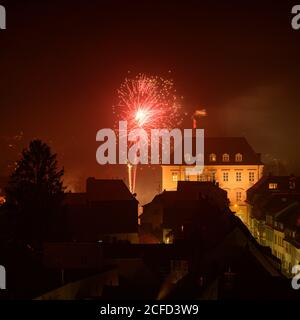 Fireworks with sparkle in long exposure shot. New year celebration ...