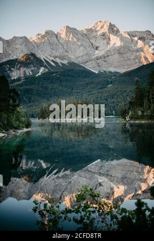 lake Eibsee with Sassen Island in front of Zugspitze Massif, Germany ...